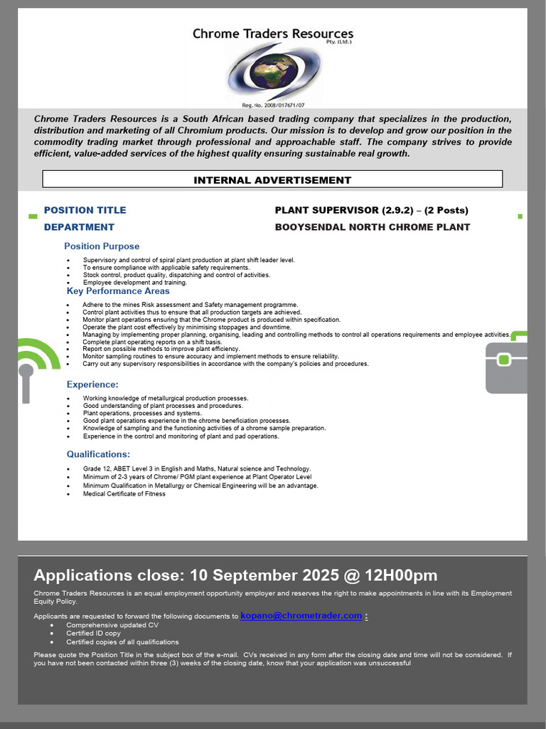 Plant Supervisor Position at Chrome Traders | PDF | Employment | Business