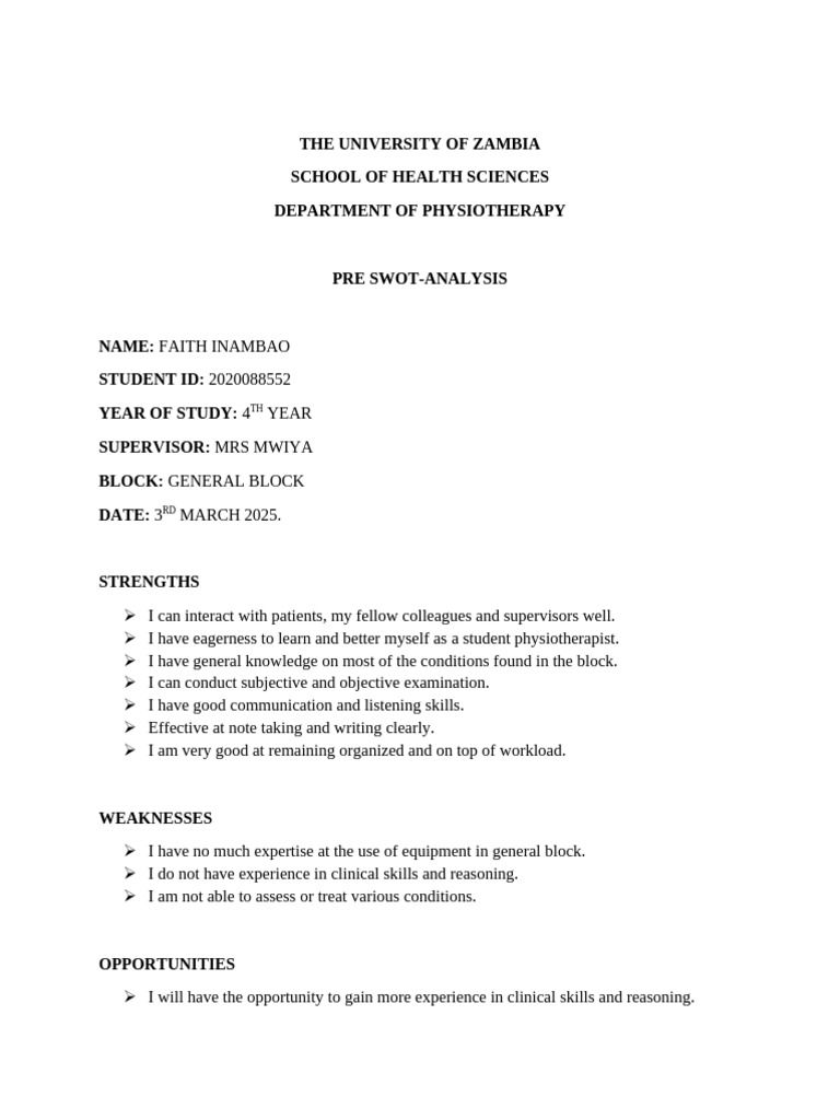 Physiotherapy Student SWOT Analysis | PDF