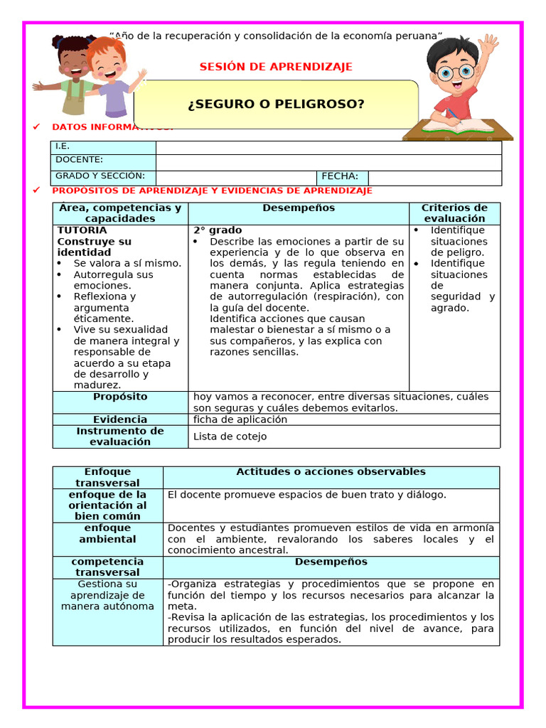 2º u5 s1 Sesion d5 Tutoria Seguro o Peligroso (1) | PDF | Evaluación | Aprendizaje
