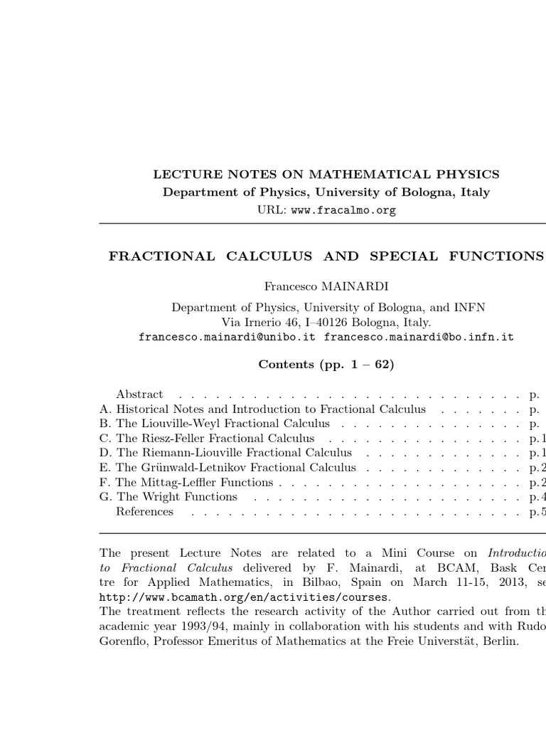 Ln21 Fractional Calculus and Special Functions | PDF | Functions And ...
