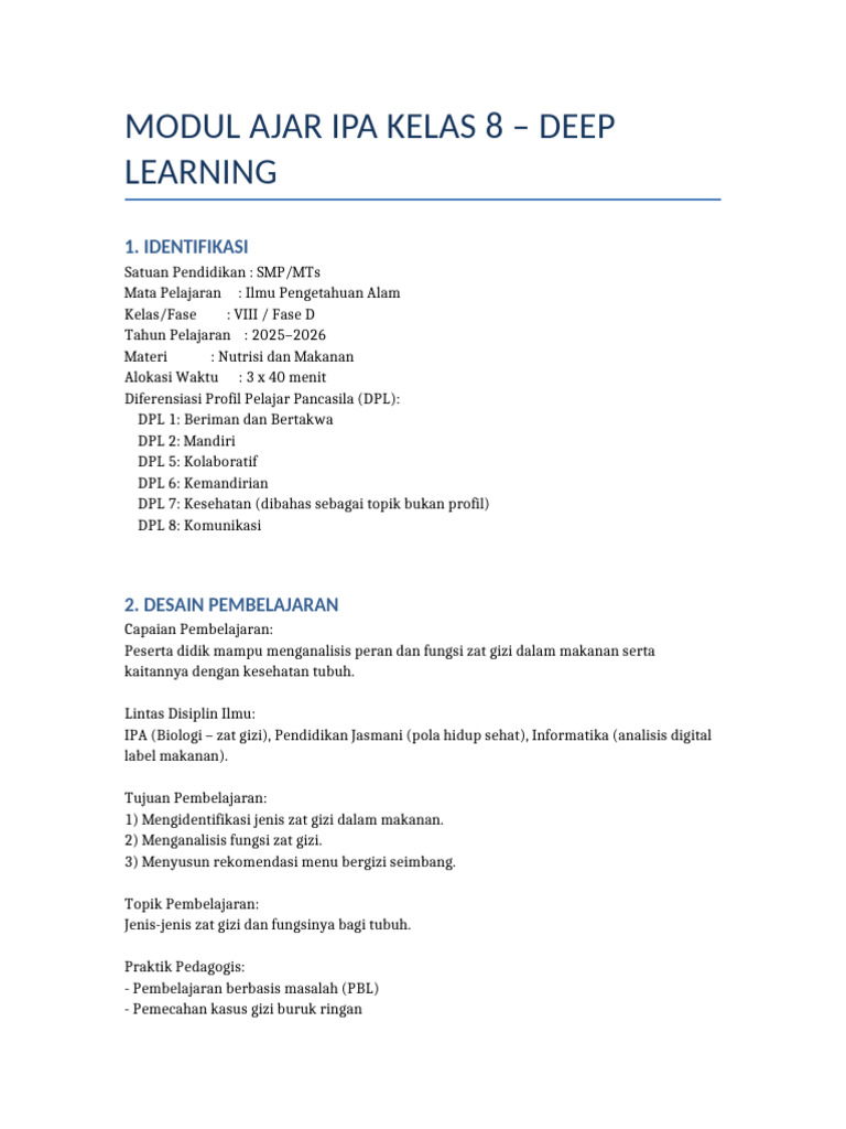 Modul Ajar IPA Kelas8 DeepLearning Nutrisi | PDF