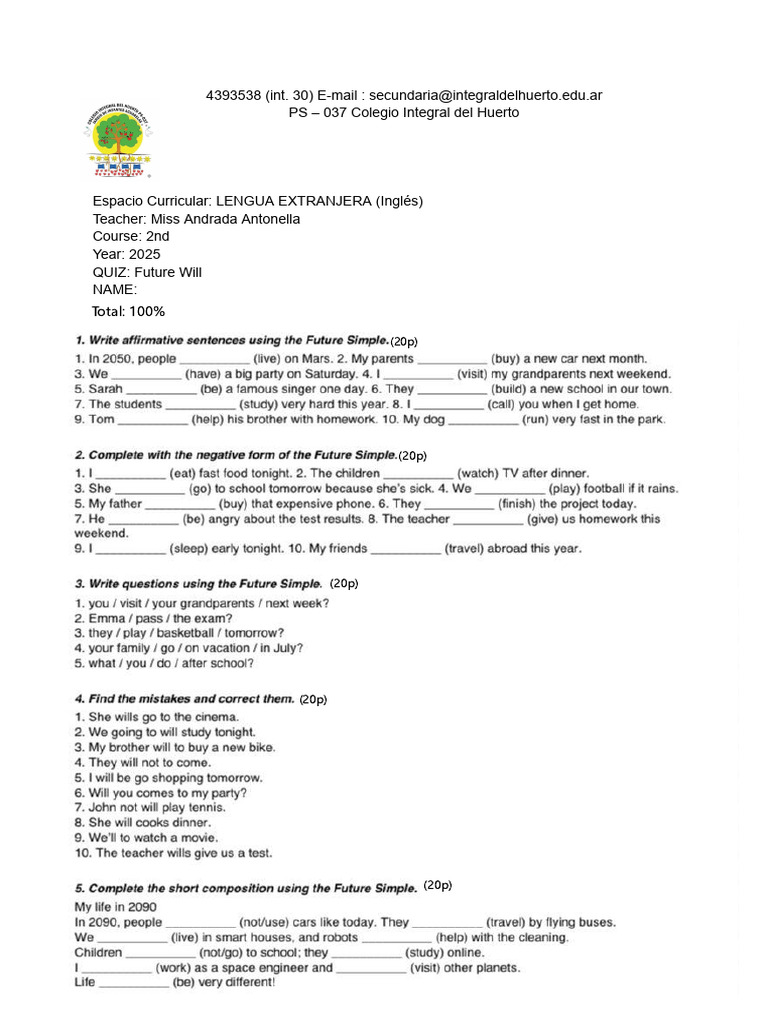 Future Will Quiz | PDF