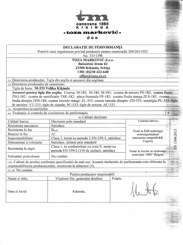 Tigla Parazapada Toza Markovic M-333, Natur, 400 X 245 MM - Declaratie ...