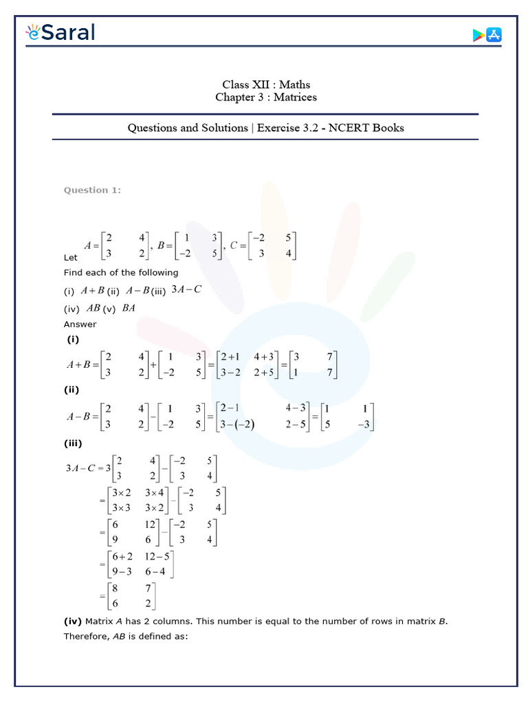 NCERT Solutions For Class 12 Maths Chapter 3 Exercise 3 2 Matrices PDF | PDF | Matrix ...