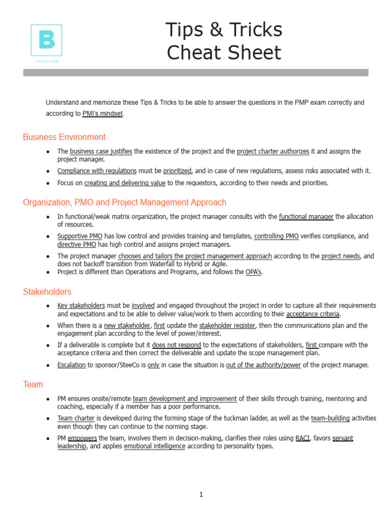 PMP Tips & Tricks Cheat Sheet | PDF | Scrum (Software Development) | Business