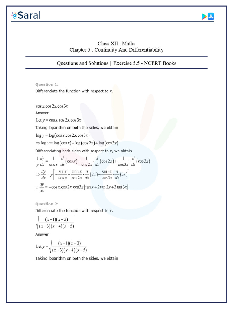 NCERT Solutions For Class 12 Maths Chapter 5 Exercise 5.5 Continuity ...