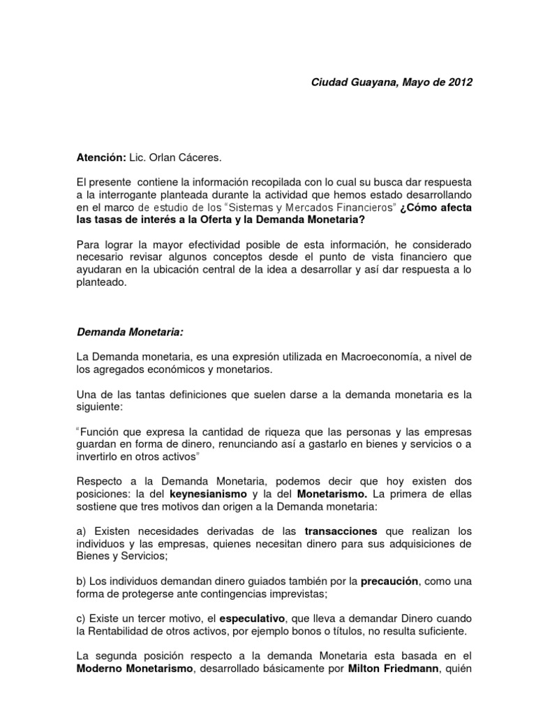 Demanda Monetaria | PDF | Tasas de interés | Oferta de dinero