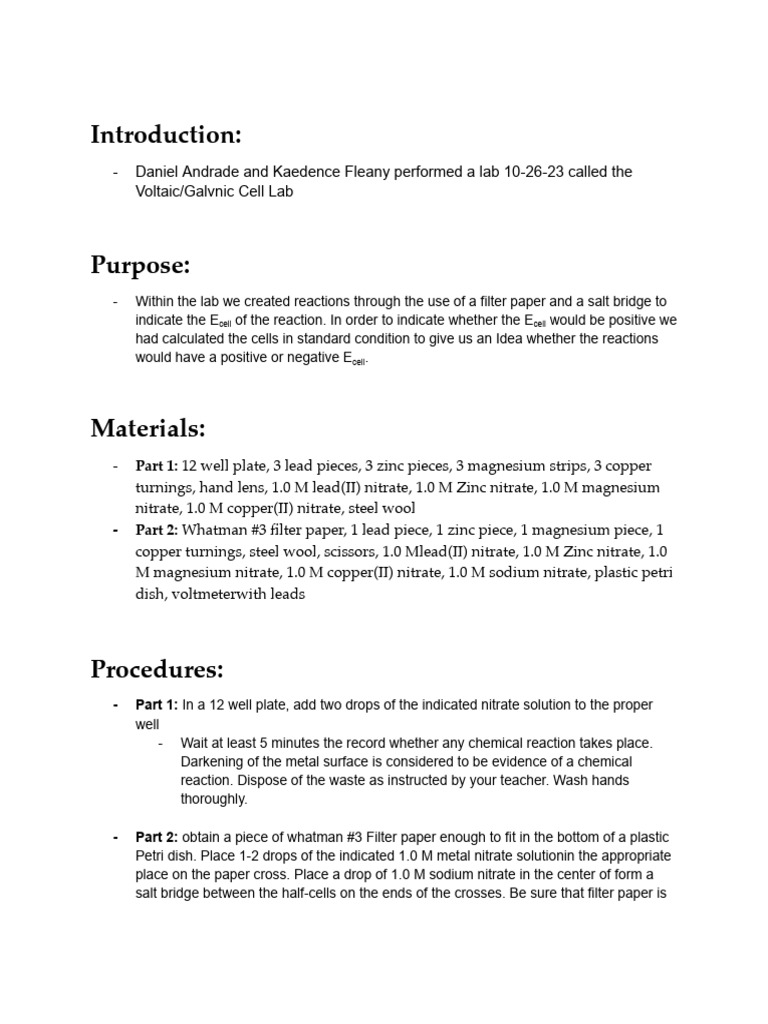 AP Chemisty Voltaic Cells Lab | PDF | Chemical Substances | Electricity