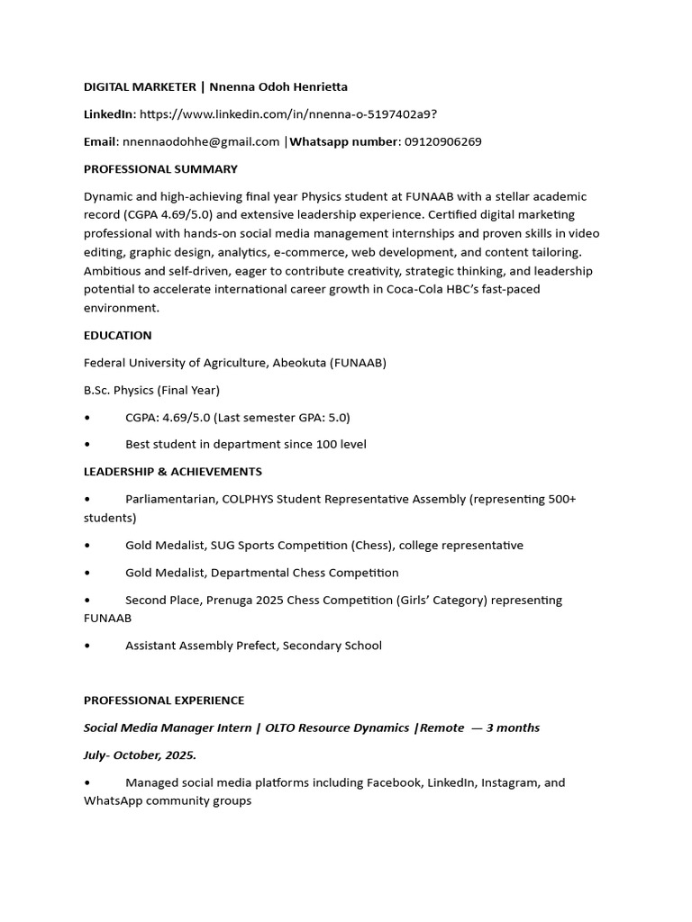 Odoh Nnenna__ Digital Marketing Resume, Coca-Cola , | PDF | Web ...