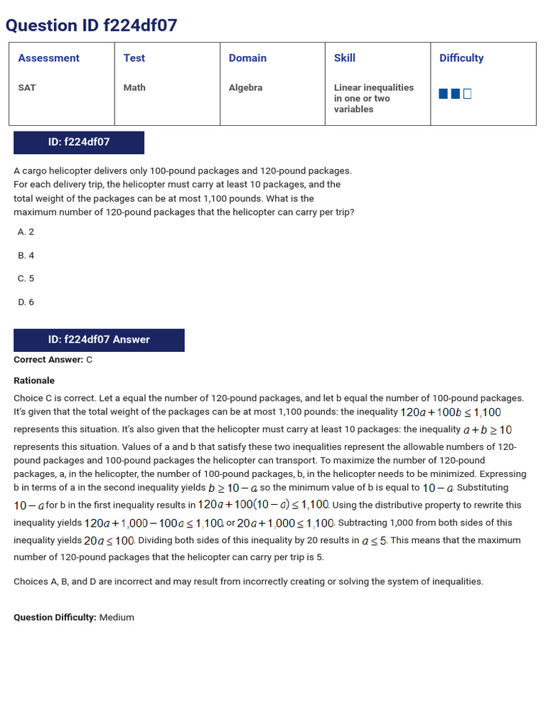 SAT Math - Algebra - Answers | PDF | Equations | Algebra