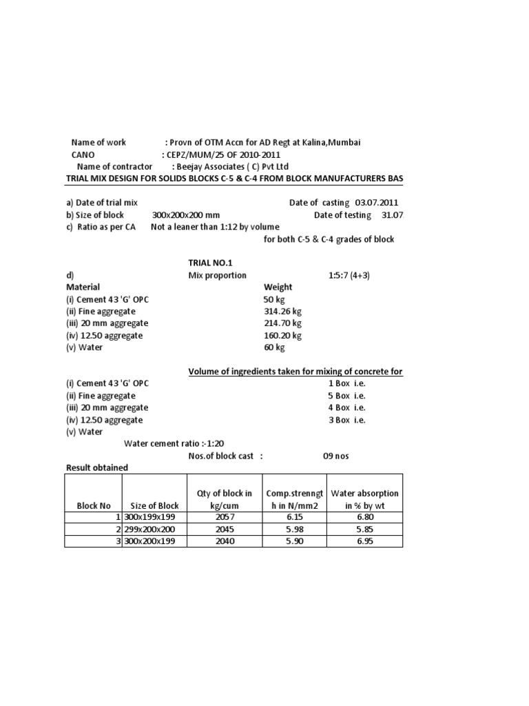 PCC Mix Design for Solid Blocks 1:4:8 | PDF | Concrete | Construction ...