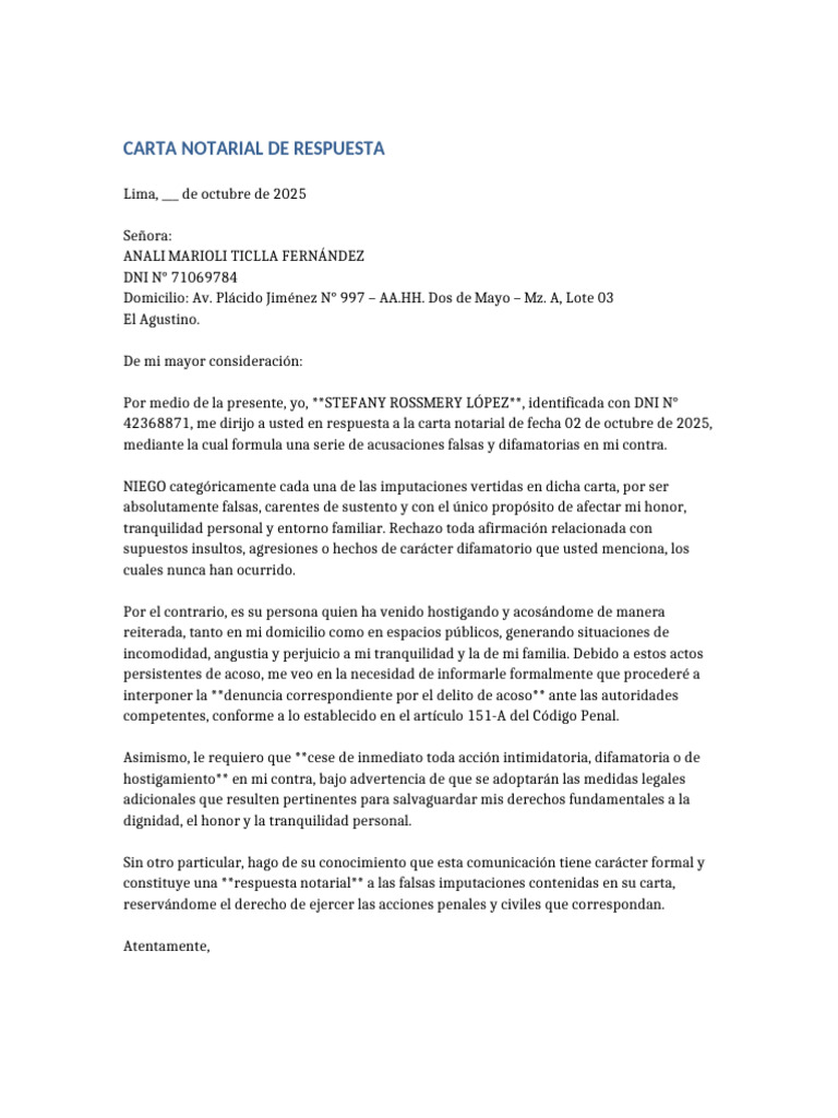 Respuesta Notarial por Acoso y Difamación | PDF