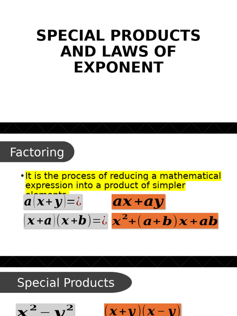 Laws of Exponents (Index Laws), Special Products and Factoring | PDF ...