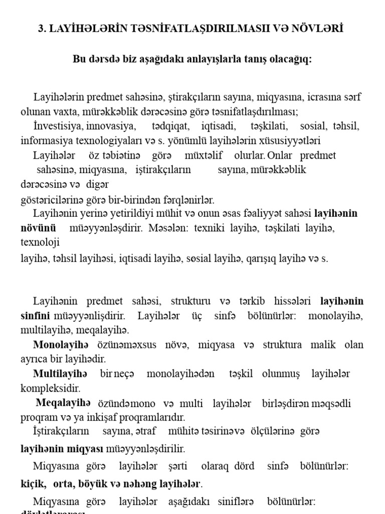 3 - Layihenin Tesnifati Ve Novleri | PDF