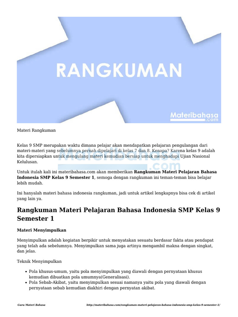 Rangkuman Bahasa Indonesia Kelas 9 SMP | PDF