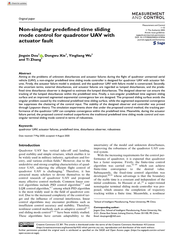 Dou Et Al 2025 Non Singular Predefined Time Sliding Mode Control For ...