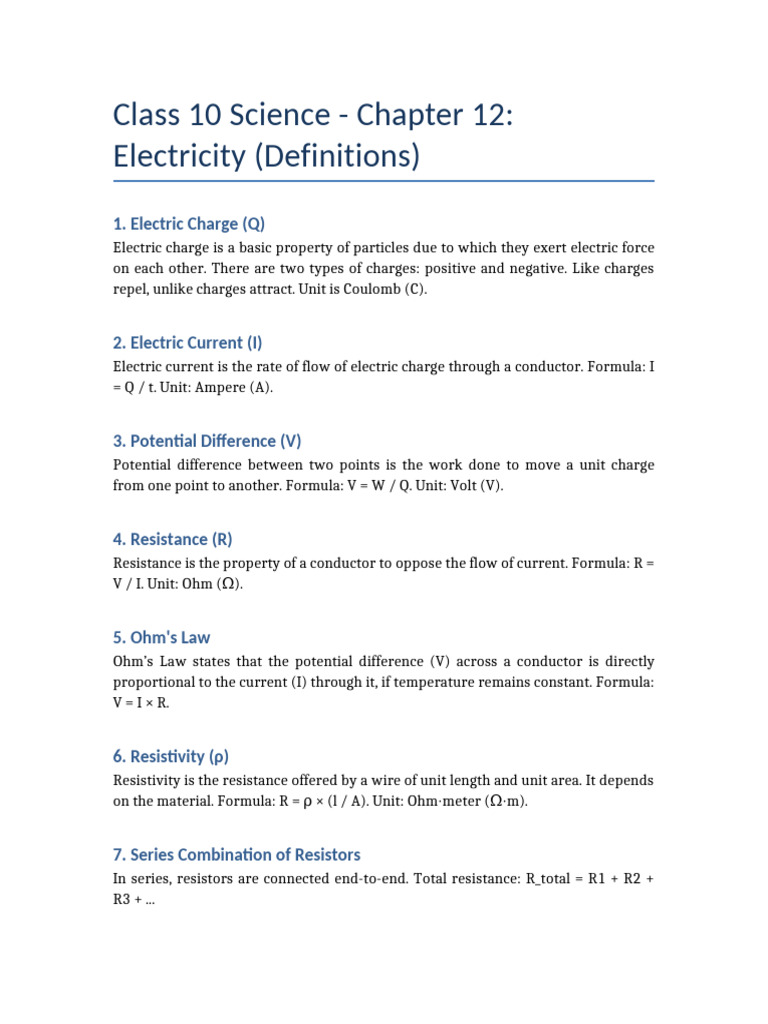 Class 10 Electricity Definitions | PDF