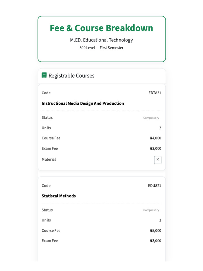 Registrable Courses & Fee Breakdown - NOUNUPDATE | PDF