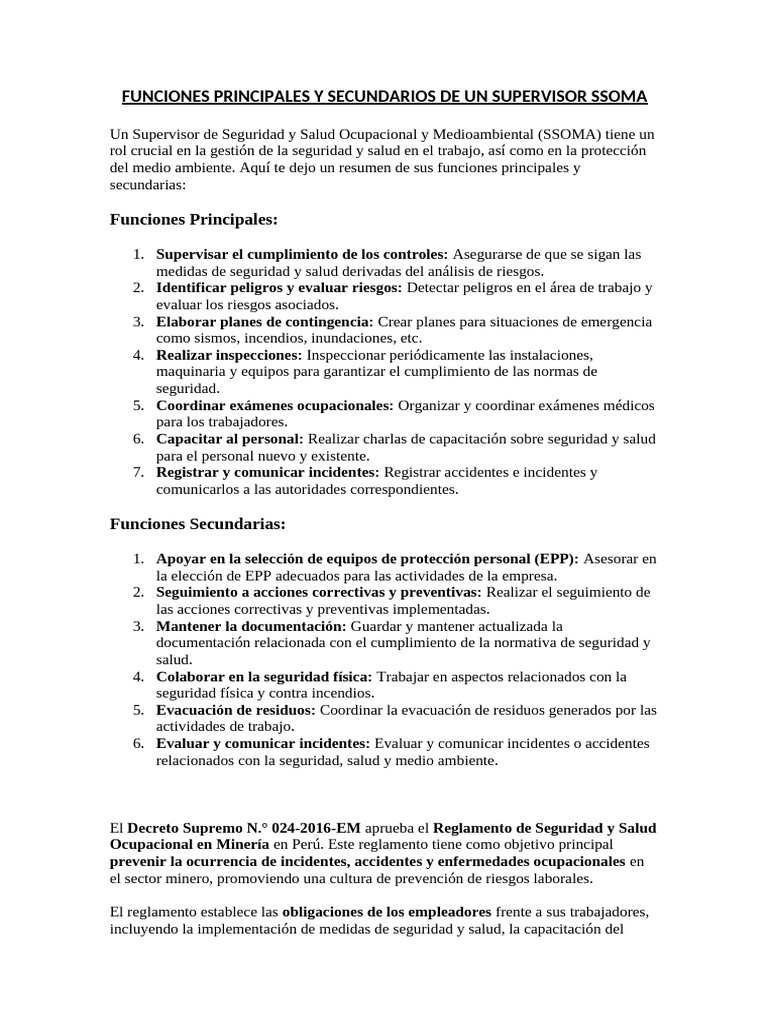 Funciones Principales y Secundarios de Un Supervisor Ssoma | PDF ...