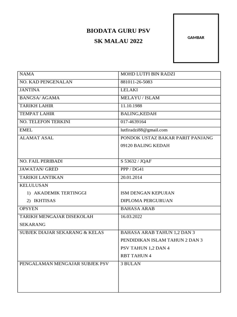 Biodata Guru Psv | PDF