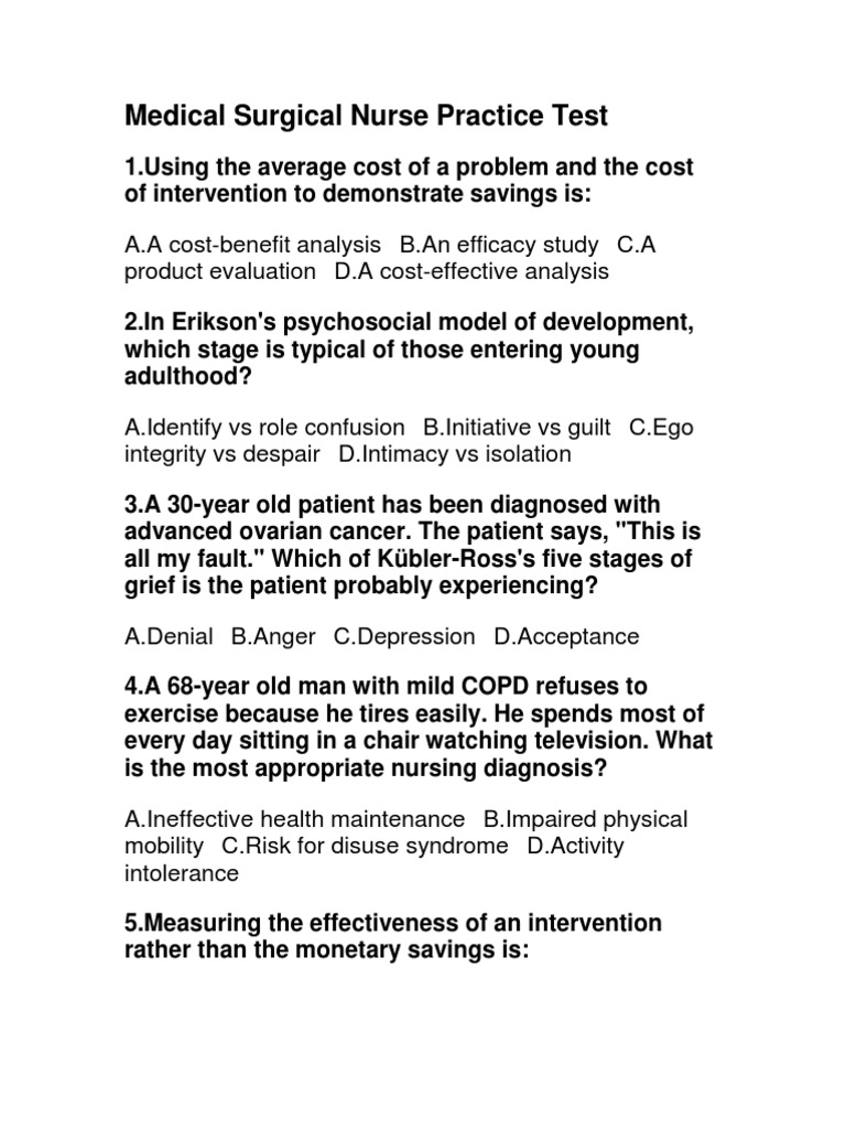 Medical Surgical Nurse Practice Test | PDF | Surgery | Grief