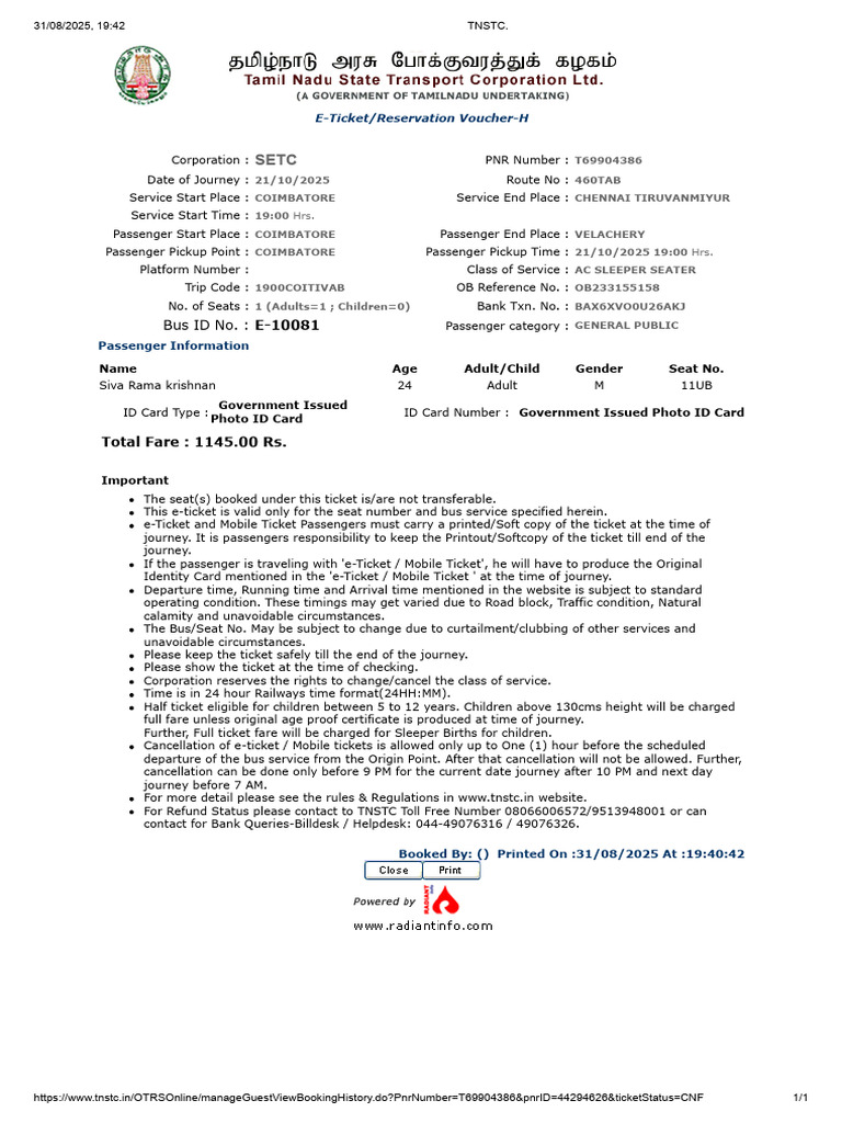 Siva Diwali Return Ticket | PDF | Transport | Public Transport