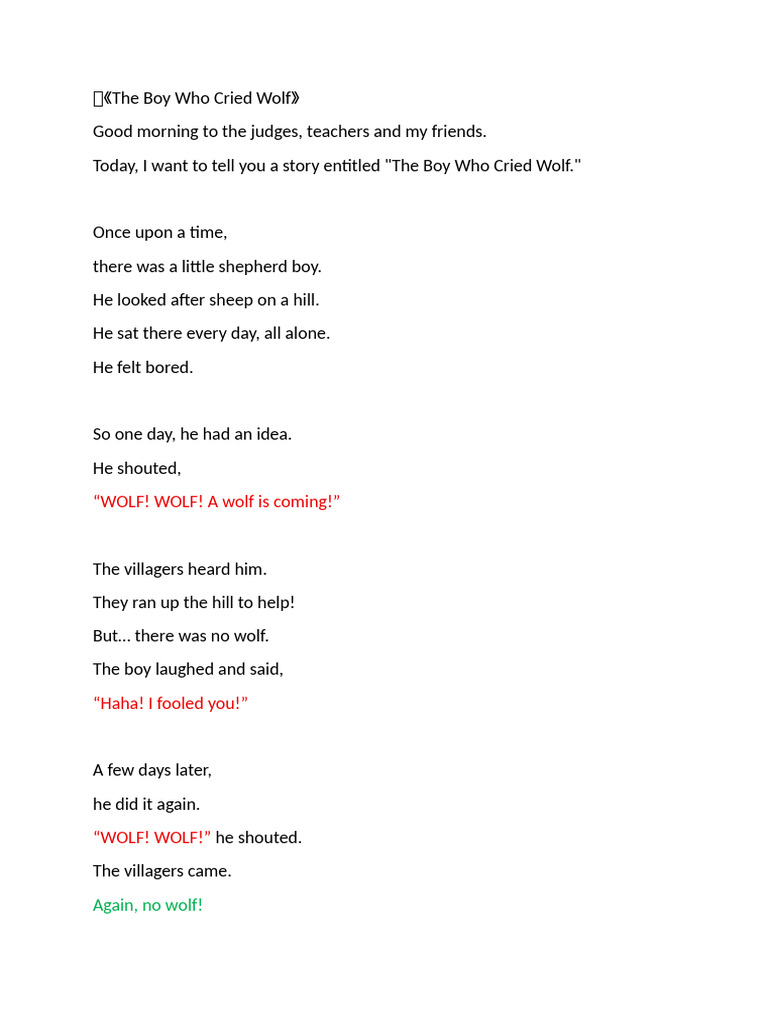 The Boy Who Cried The Wolf | PDF