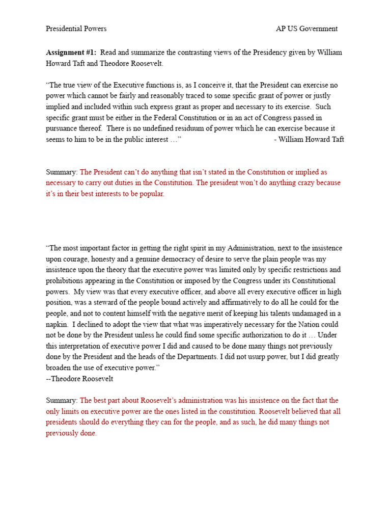 Contrasting Views on Presidential Power | PDF | Presidents Of The ...
