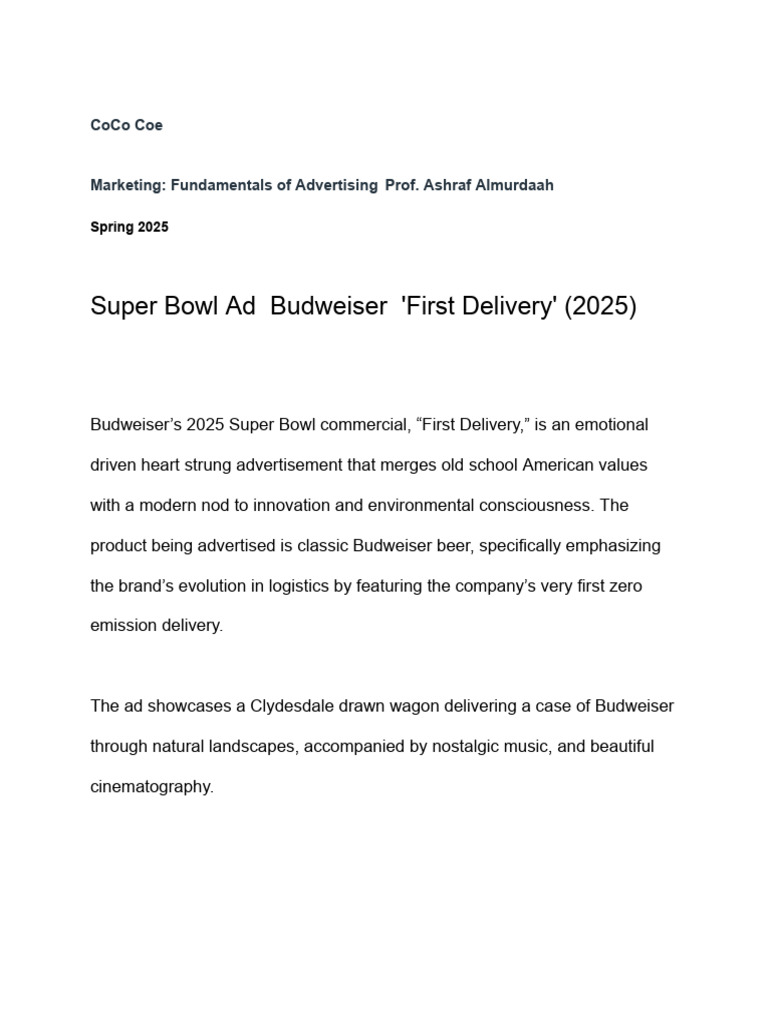 Budweiser's 2025 Super Bowl Ad Analysis | PDF | Brand | Nostalgia