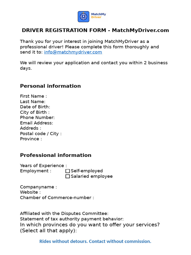 Driver Registration Form MatchMyDriver EN | PDF | Transport | Vehicles