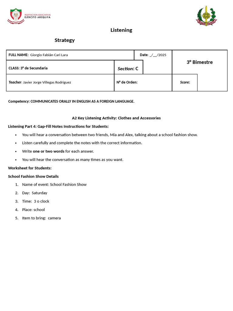 A2 Listening Activity: Fashion Show Notes | PDF