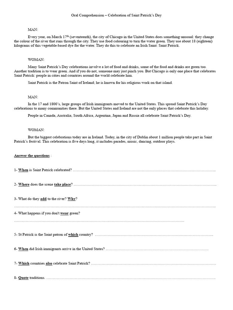 Oral Comprehension With Questions - ST P's D | PDF