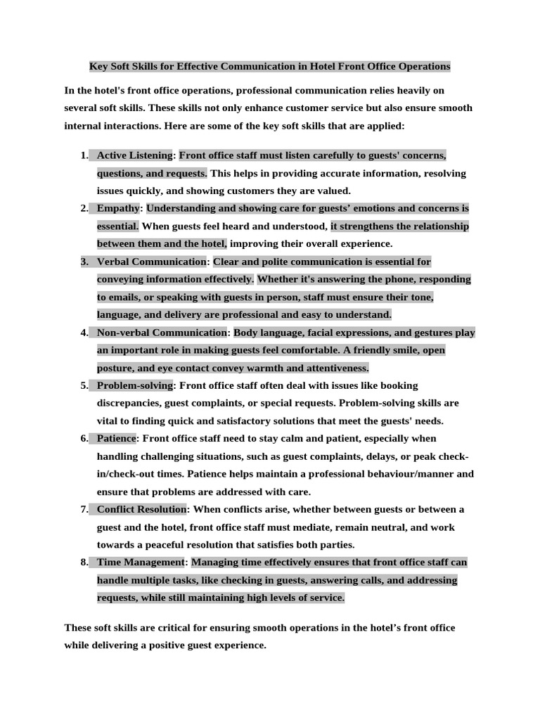 Essential Soft Skills for Hotel Front Office | PDF | Communication ...