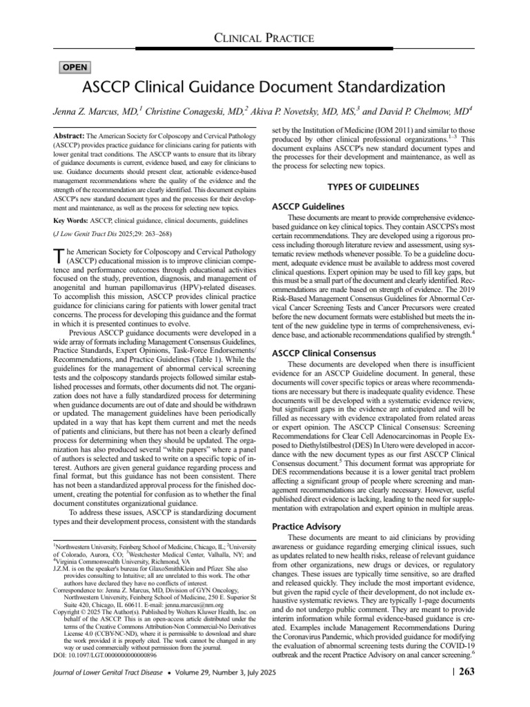 ASCCP Standardization of Clinical Guidelines | PDF | Cervical Cancer ...