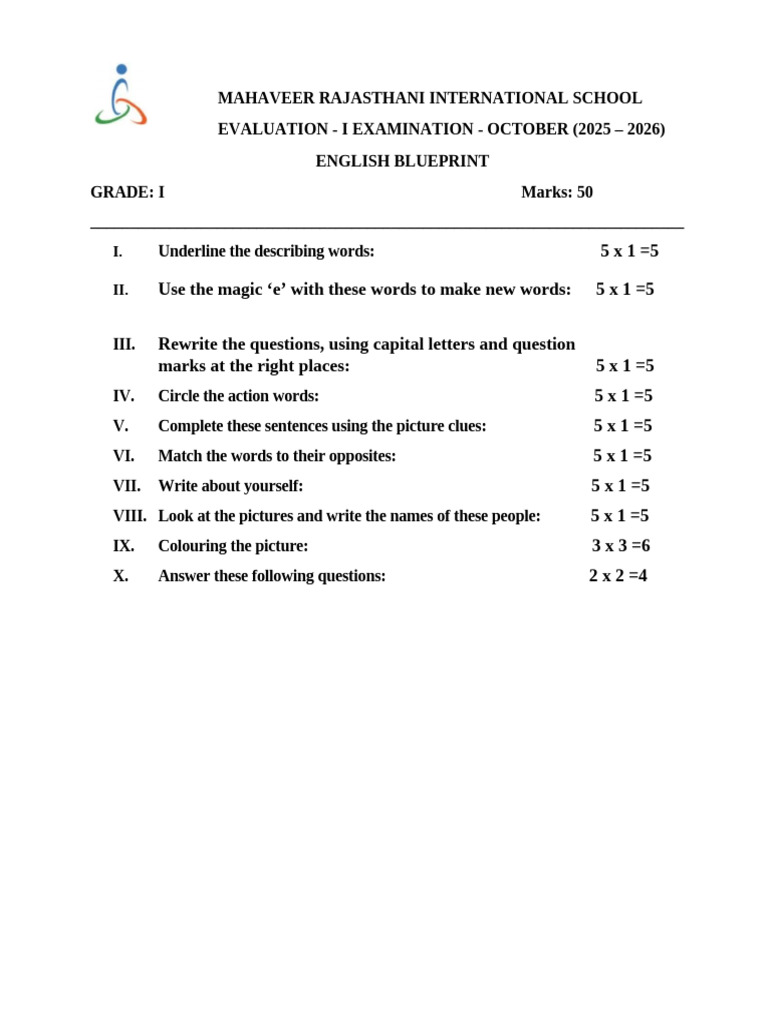 Grade 1 English Exam Blueprint 2025-2026 | PDF