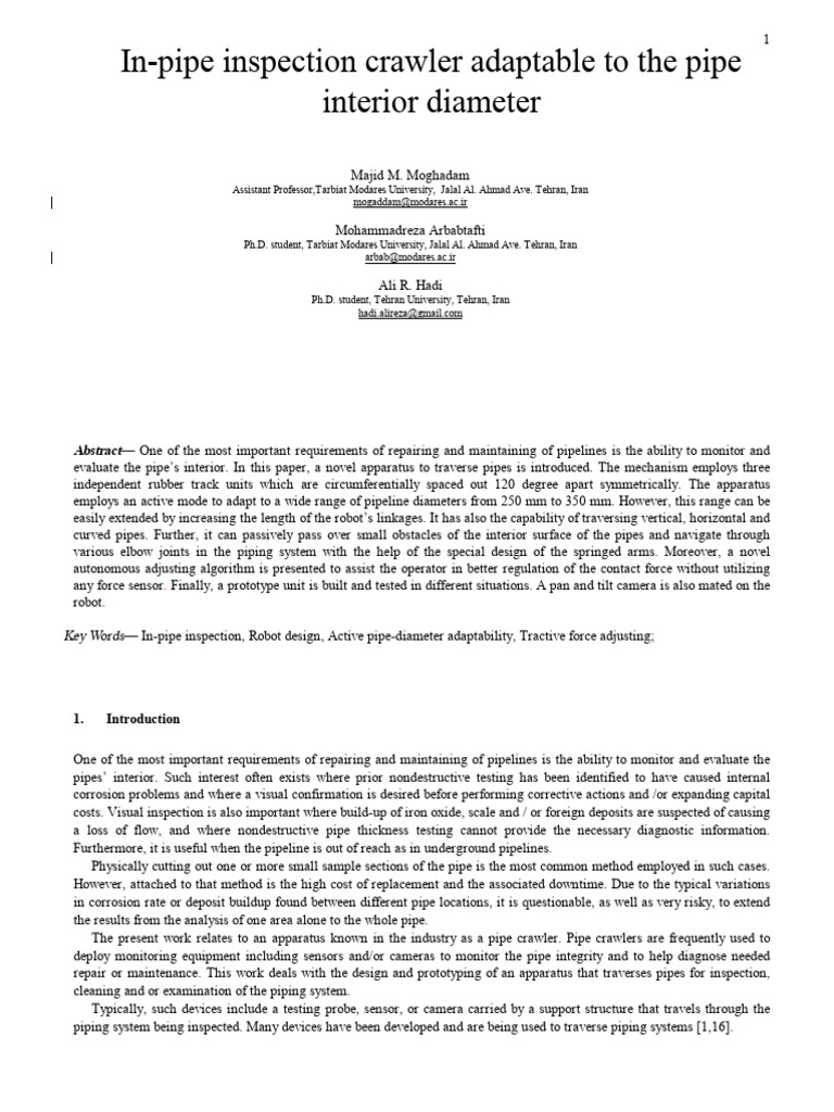In Pipe Inspection Crawler Adaptable To Pipe Interior Diameter | PDF ...