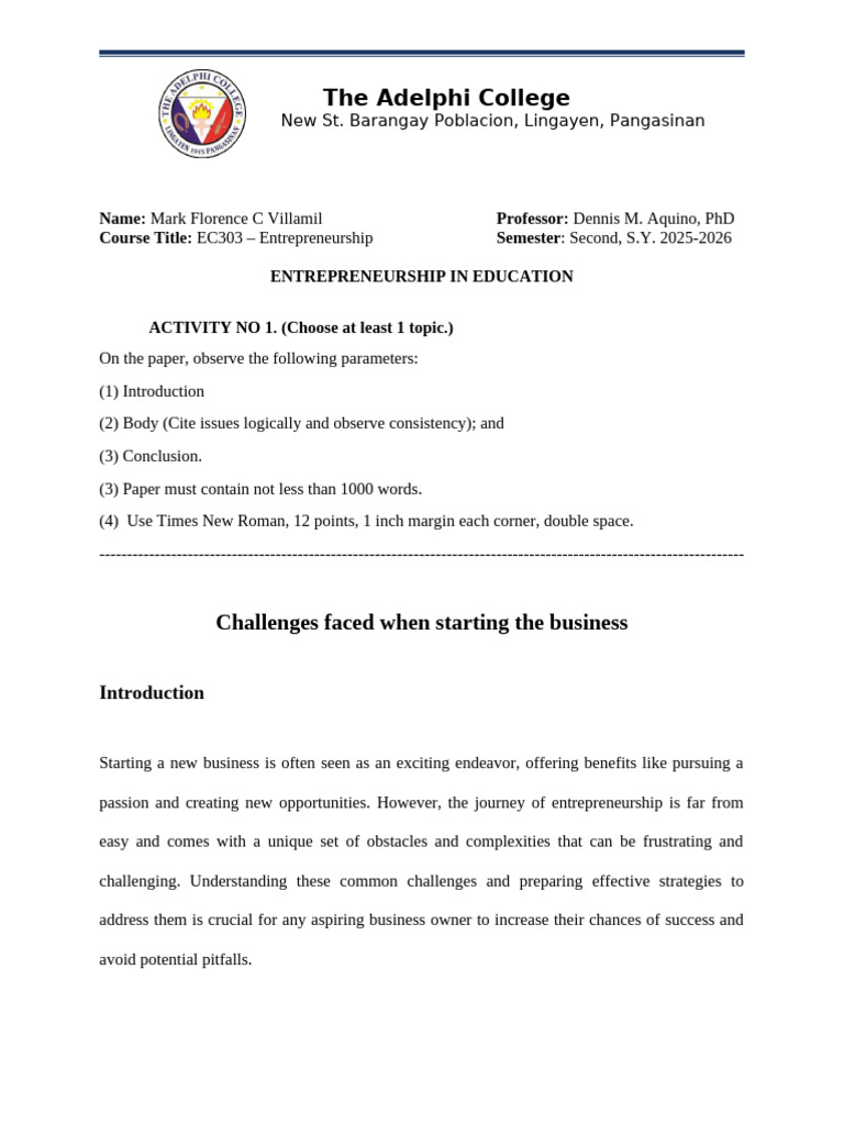 Entrepreneurship in Education and Management Module - Mark Florence C ...