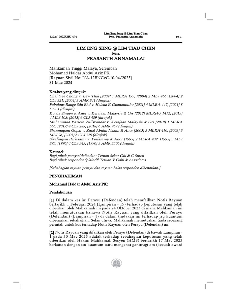 Lim Eng Seng at Lim Tiau Chen Lwn. Prasanth Annamalai | PDF