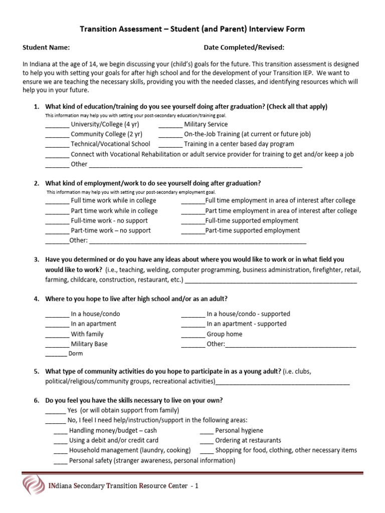 Transition Assessment for Future Planning | PDF | Vocational Education ...