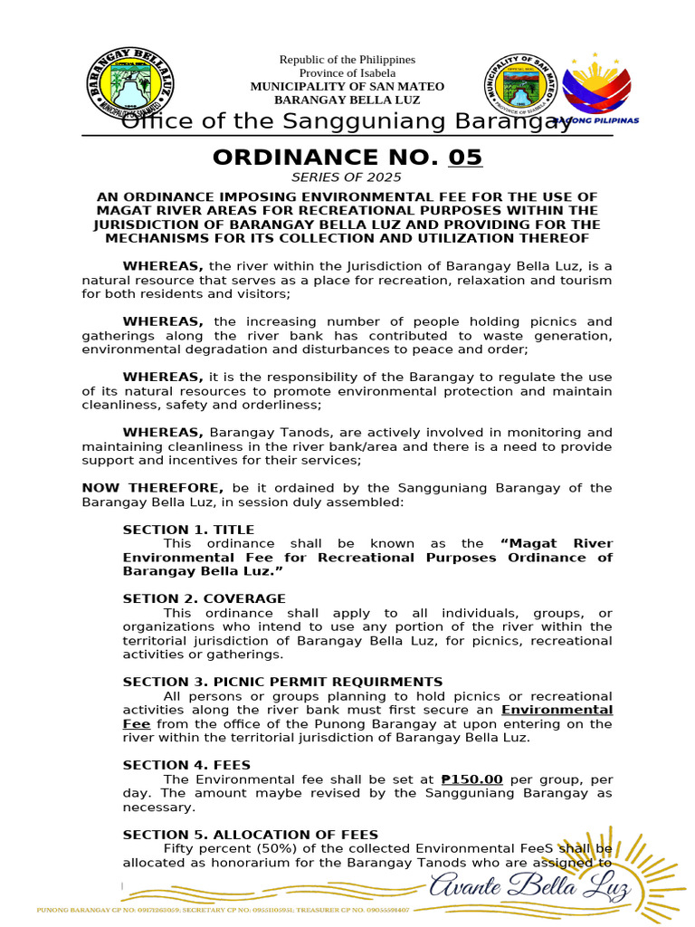 Barangay Ordinance - Bella Luz | PDF | Local Ordinance | Justice