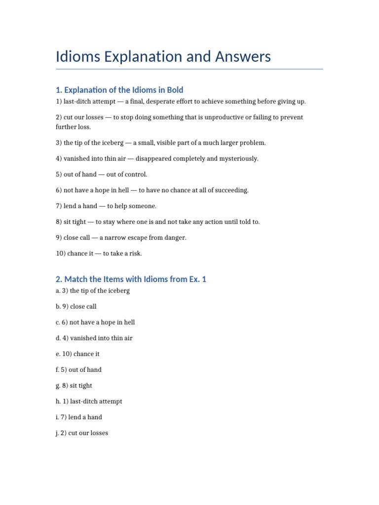 Idioms Explanation and Answers | PDF