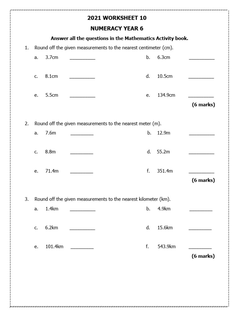 Year 6 Numeracy Rounding Worksheet | PDF