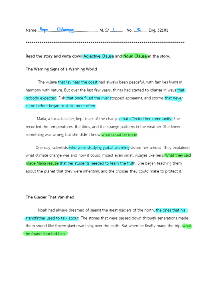 Exercise Identify Adjective Clause and Noun Clause in the Story (1) | PDF