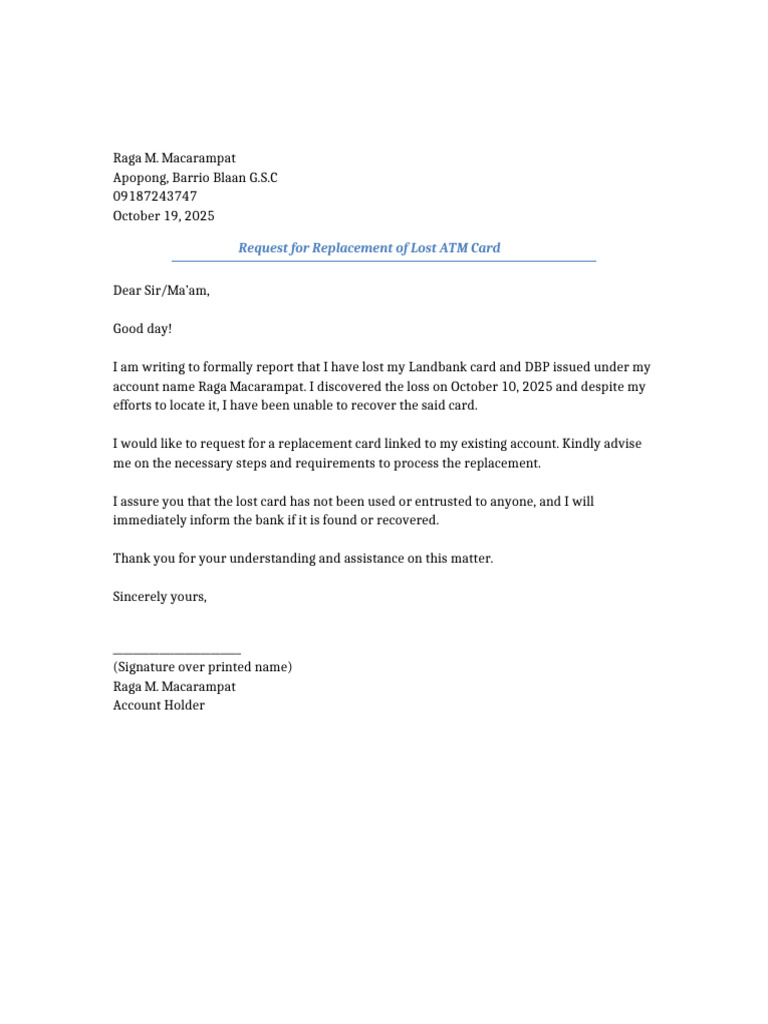 Lost ATM Card Replacement Request | PDF