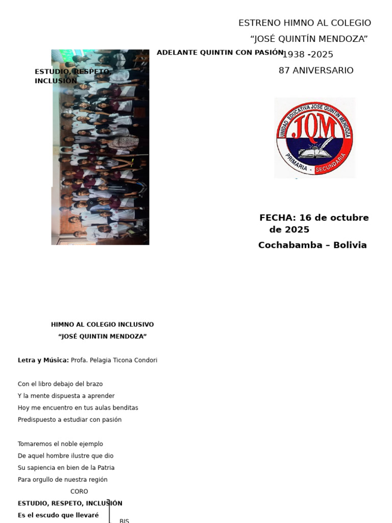 Estreno Himno Inclusivo José Quintín Mendoza | PDF
