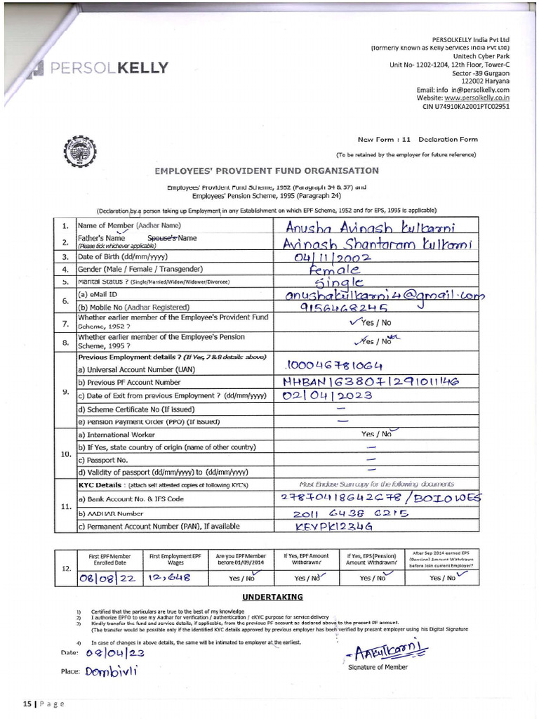Sample Filled Form 11 | PDF
