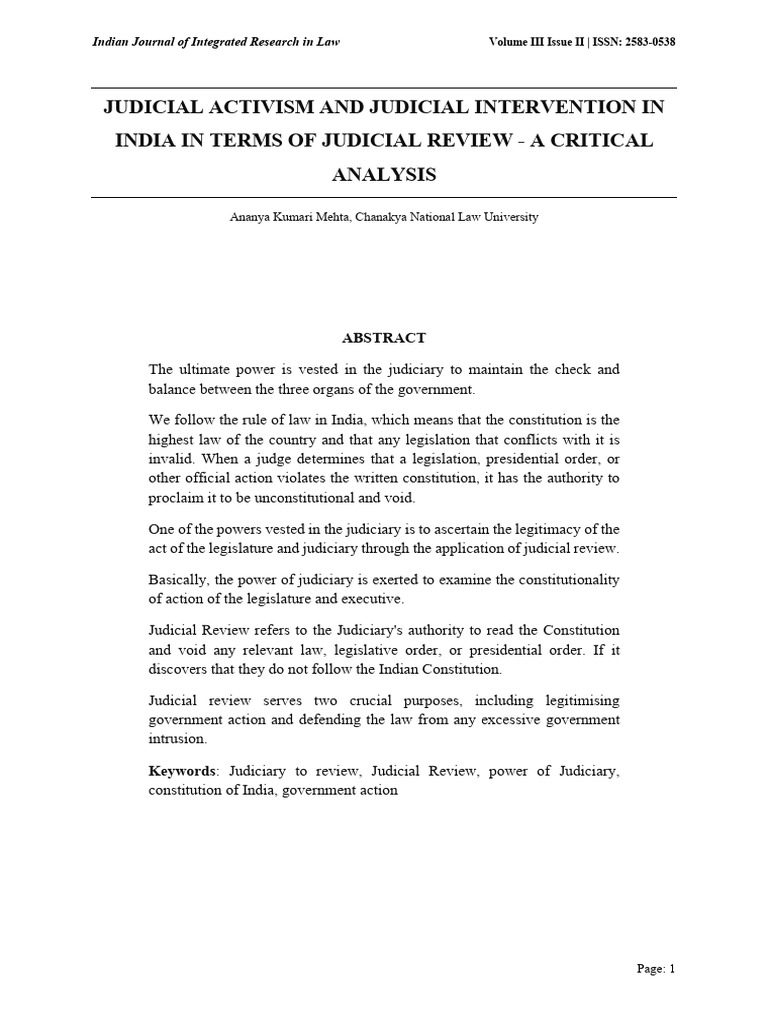 Judicial Activism and Judicial Intervention in India in Terms of ...