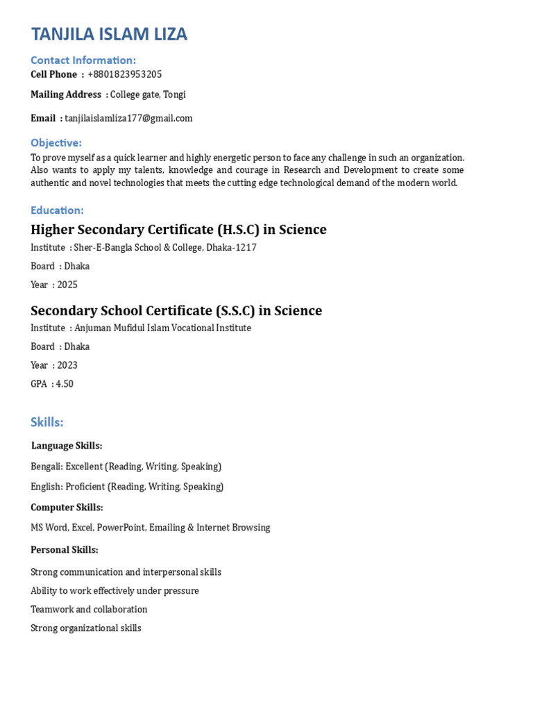 Tanjila Islam Liza CV | PDF