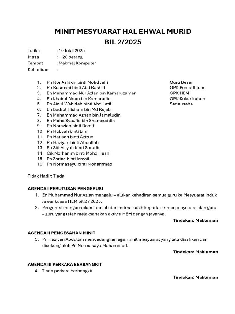 Minit Mesyuarat Induk Hal Ehwal Murid Kali 2 | PDF