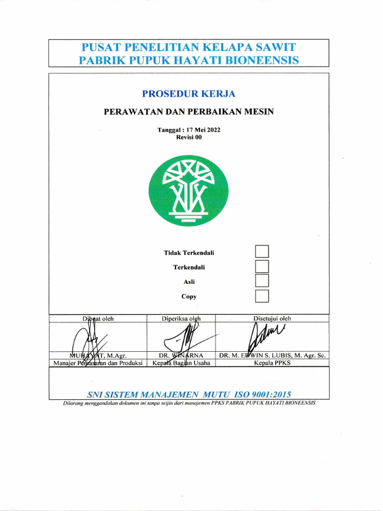 Prosedur Kerja - Perawatan Dan Perbaikan Mesin | PDF